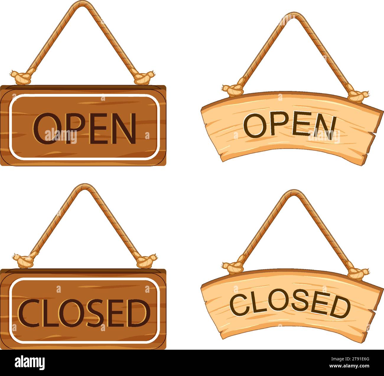 Illustrated set of wooden hanging sign banners in open and closed ...