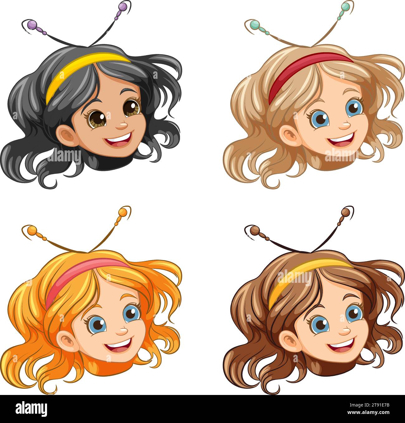 Cute girl with a fancy head accessory smiling in a cartoon illustration ...