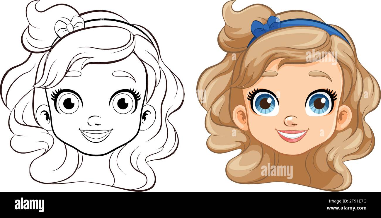 A vibrant vector illustration of a happy girl with a doodle outline ...