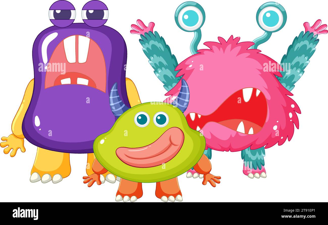 A group of friendly alien monsters in a cartoon illustration Stock ...