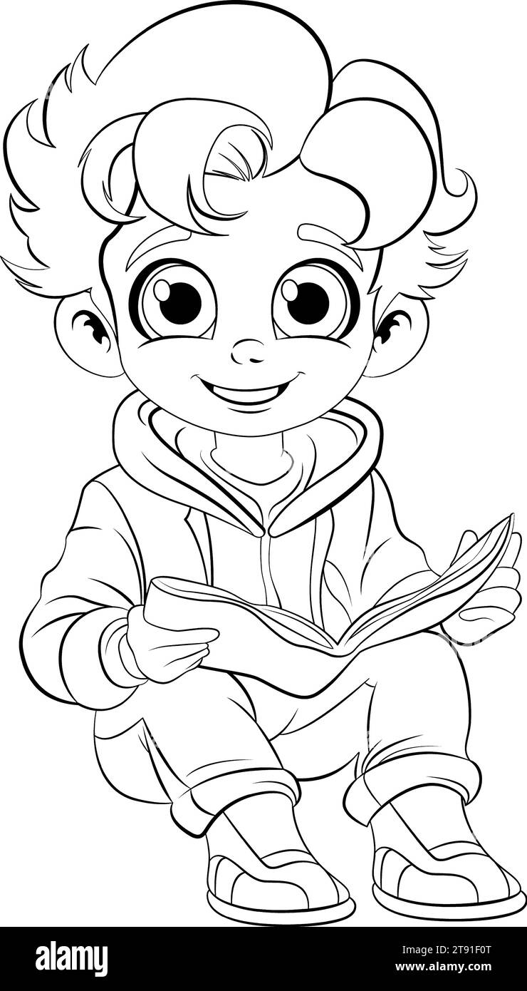 Boy sitting and reading the book outline doodle illustration Stock ...
