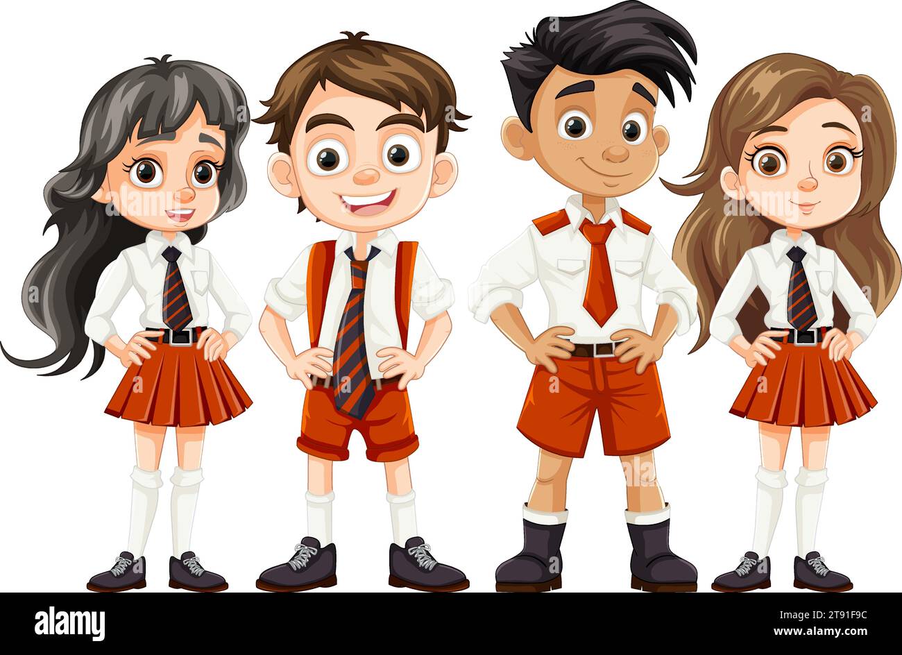 Illustration of a diverse group of friends in school uniforms Stock ...