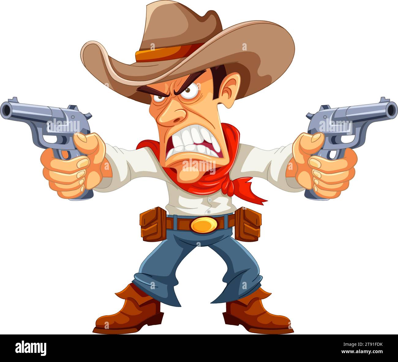 A furious cowboy with a firearm depicted in a cartoon-style ...