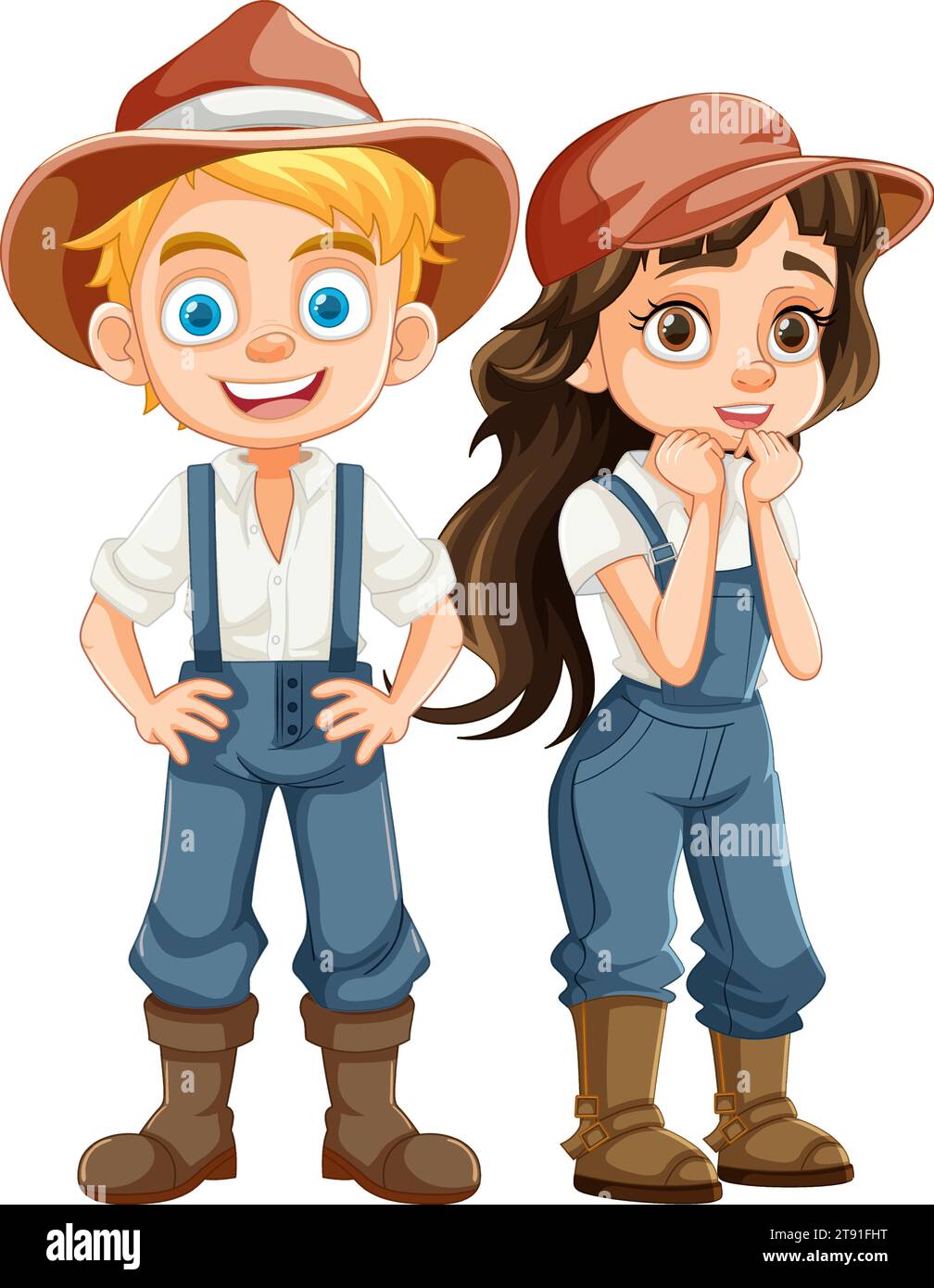 Cute farmer couple wearing caps and denim overalls in a cartoon ...