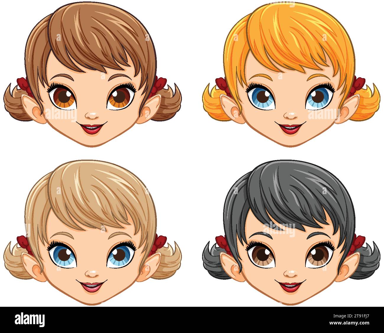 A collection of adorable cartoon girl heads in vector style Stock ...