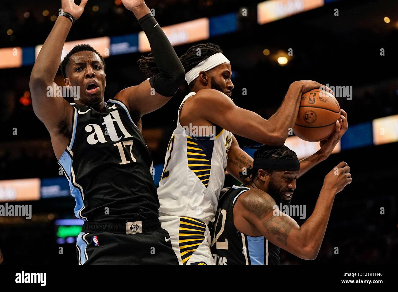 Indiana Pacers forward Isaiah Jackson (22) collides with Atlanta Hawks ...