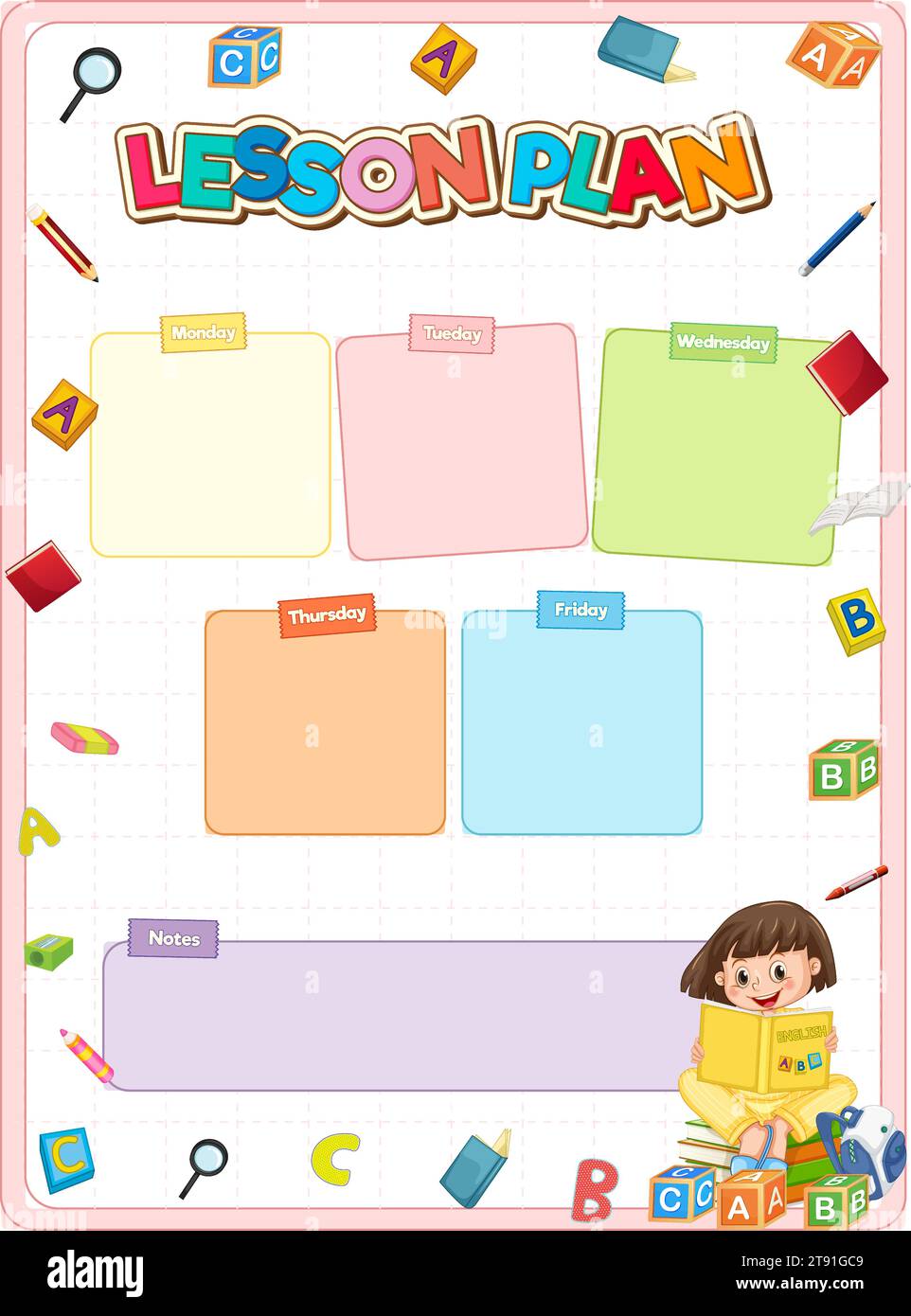 Illustration of a cheerful girl using a vibrant lesson plan Stock ...