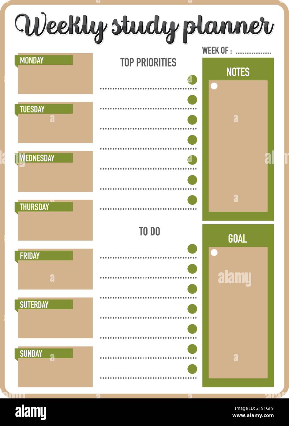 A vector cartoon illustration style of a weekly study plan Stock Vector ...