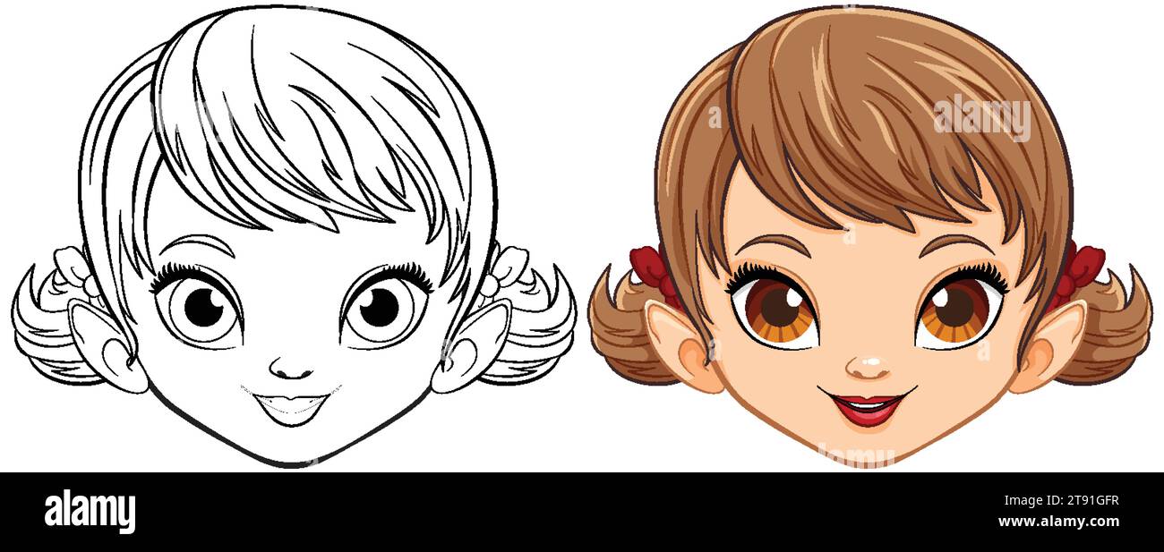Vector cartoon illustration of a cute girl's head with an outline ...