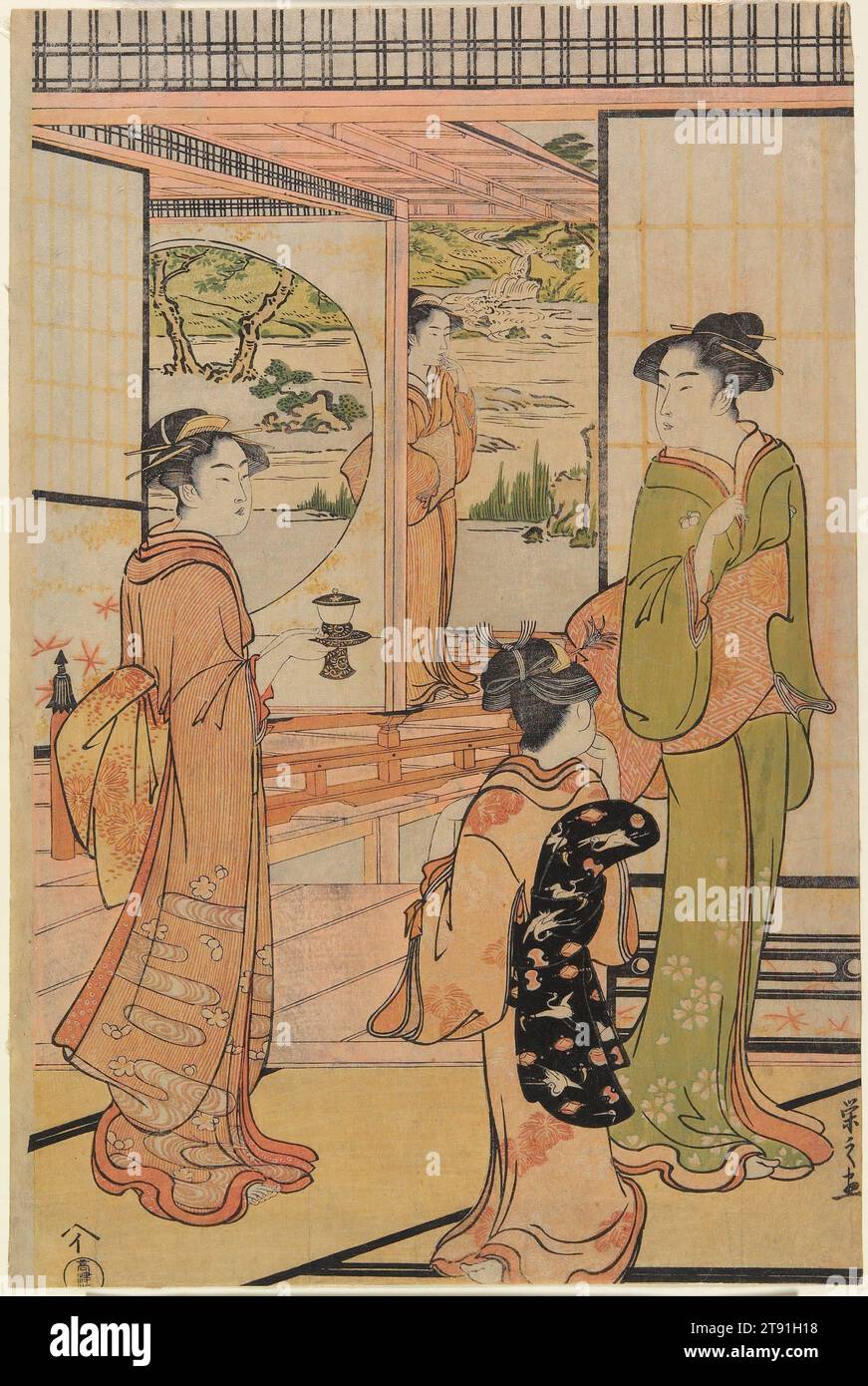 Beauties by Veranda, 1790s, Hosoda Eishi; Publisher: Kōzuya Isuke, Japanese, 1756 - 1829, 14 1/4 ...