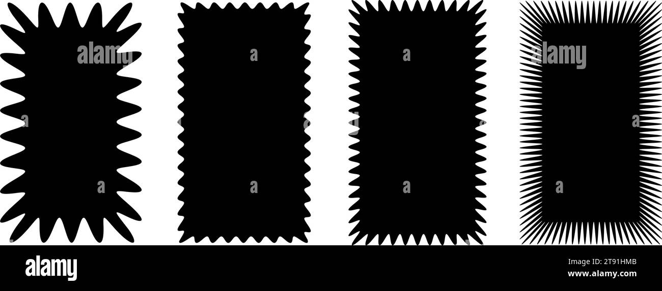 Zig zag edge rectangular shapes collection. Jagged rectangle patches set. Black graphic design ...