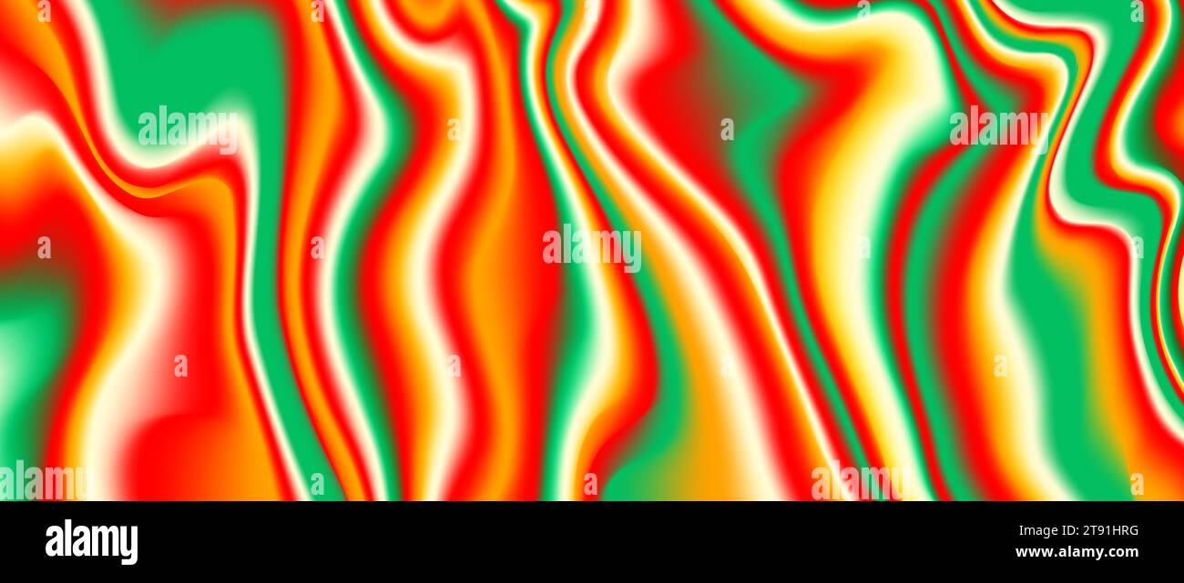 Psychedelic iridescent background. Bright neon holographic wallpaper. Red orange green wavy ...