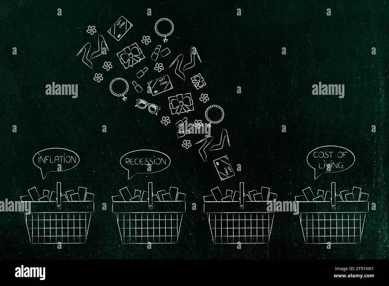 shopping baskets lined up with Inflation Recession and Cost of living ...