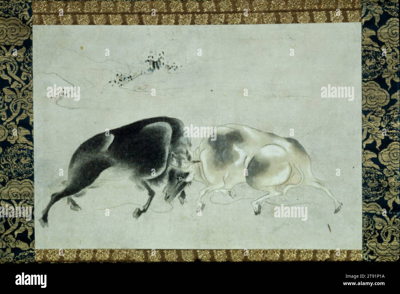 Fighting Bulls, c. 1700, Unknown Japanese, 12 3/8 x 17 7/8 in. (31.43 x ...