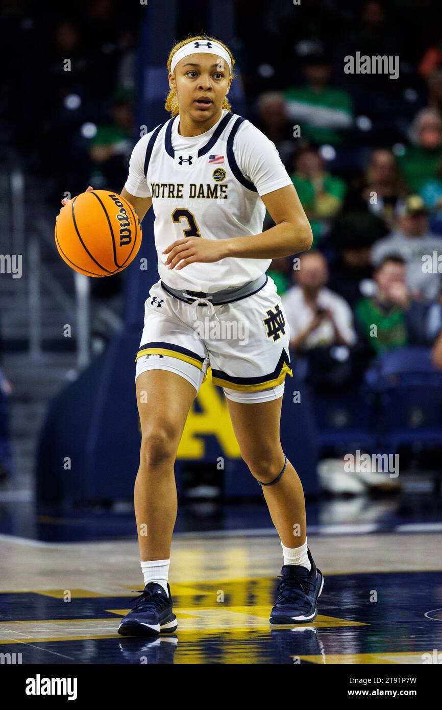 South Bend, Indiana, USA. 21st Nov, 2023. Notre Dame guard Hannah Hidalgo (3) advances the ball ...