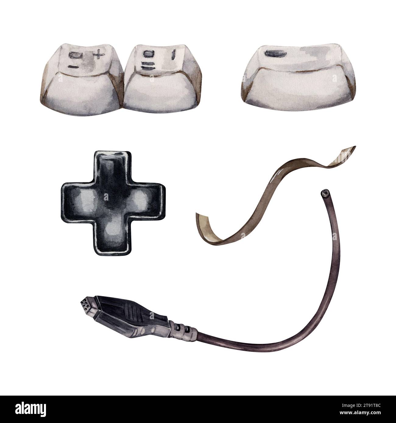 Computer keyboard keys, gaming console button, charging cord, audio ...