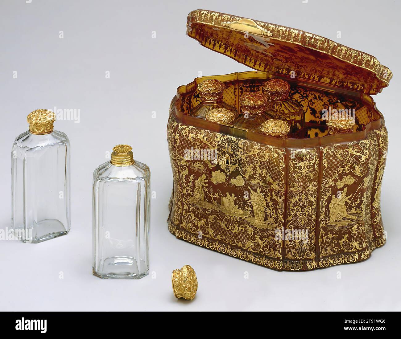 Glass bottle, one of eight, c. 1745, Glass bottle with gold stopper and ...