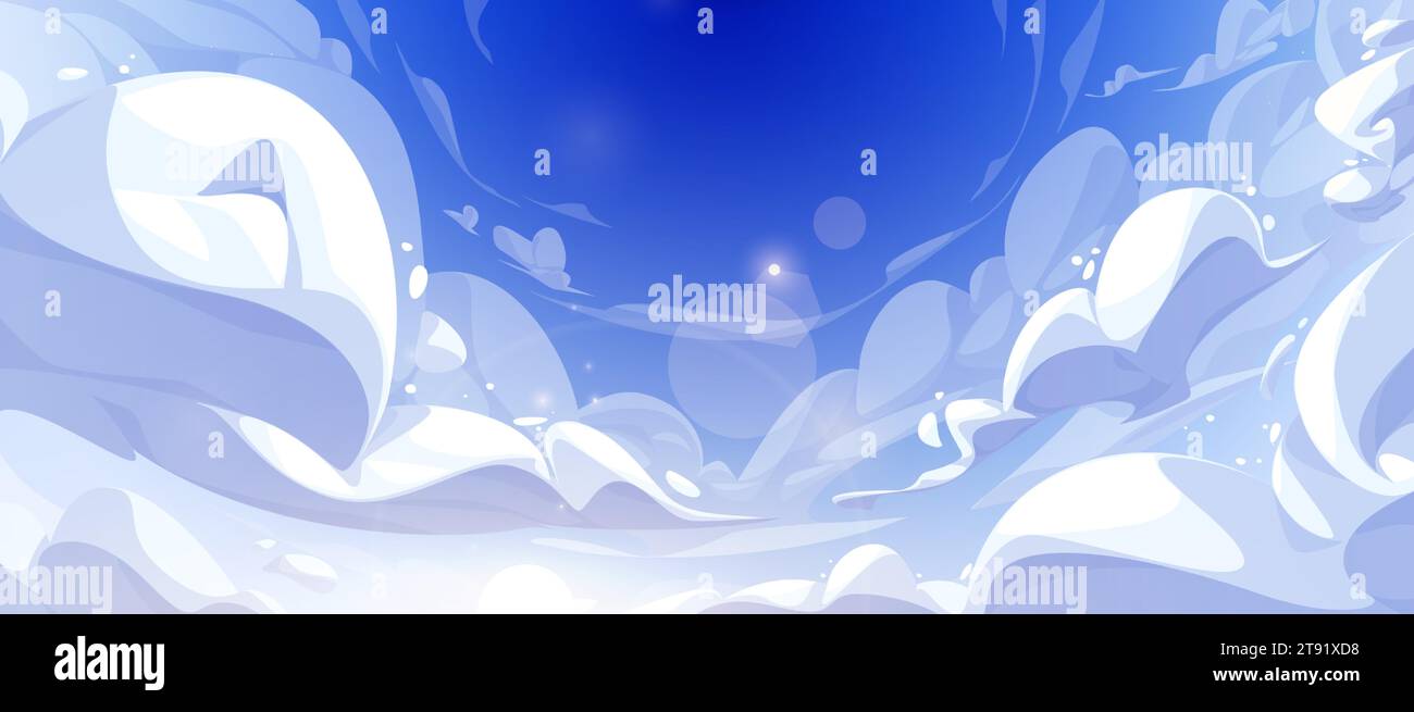 Blue sky with fluffy curve shaped clouds in anime style. Cartoon vector ...