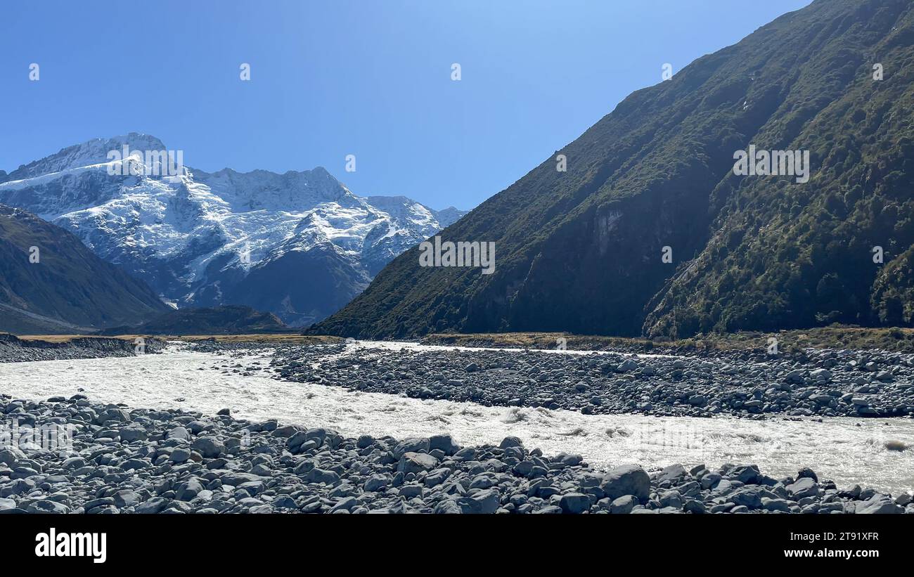 The Tasman river flowing through alpine grassland in Tasman valley ...