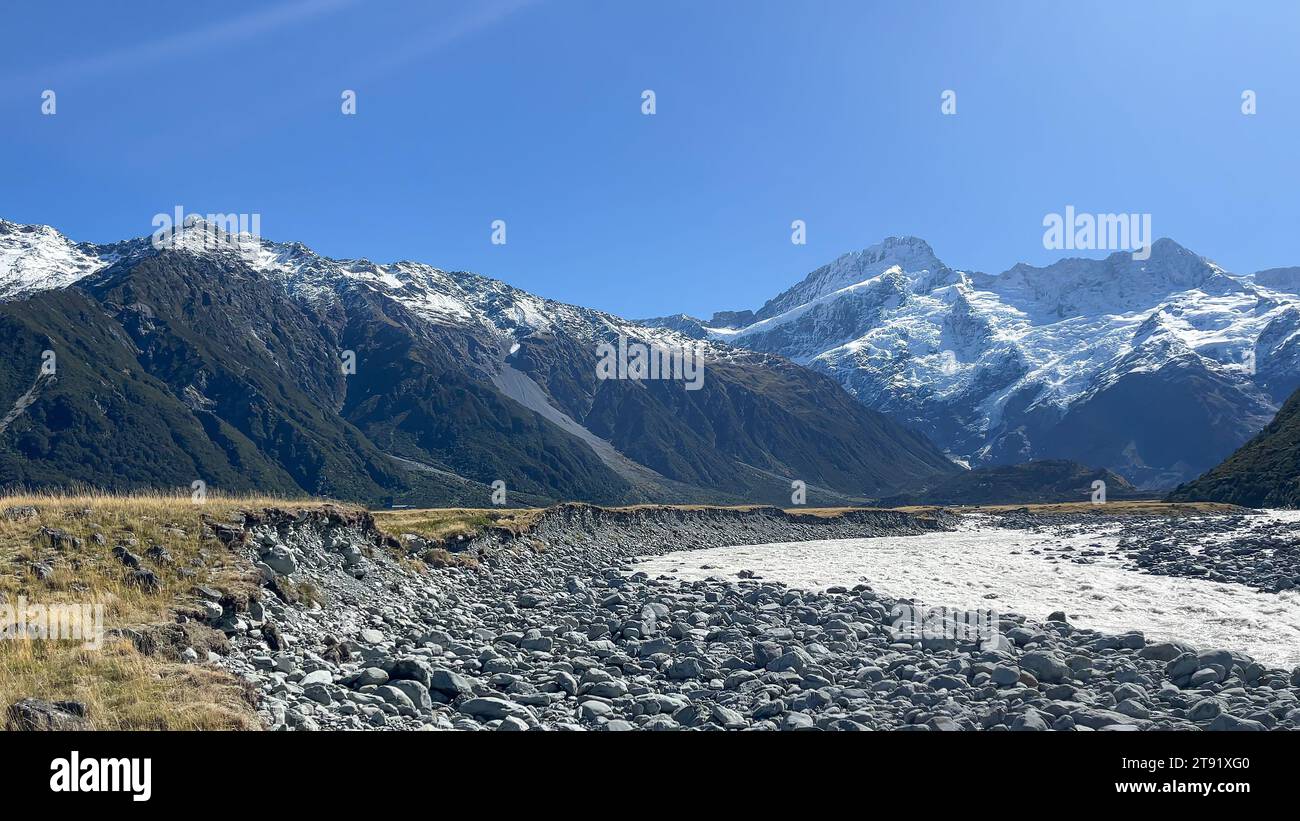 The Tasman river flowing through alpine grassland in Tasman valley ...