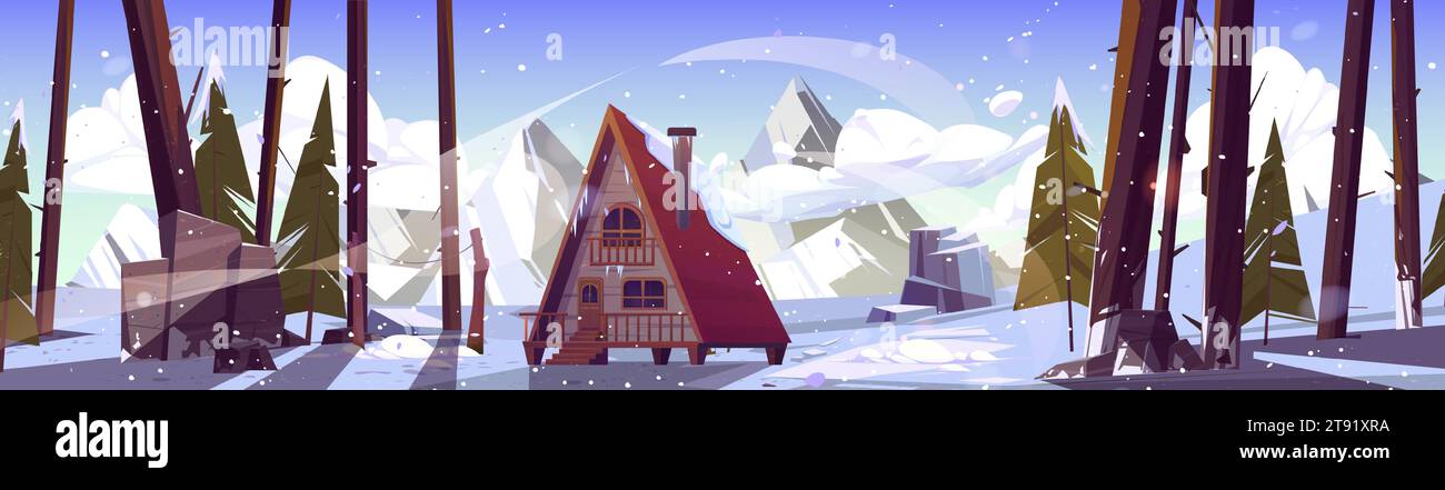 Cartoon winter snowy landscape with wooden cabin on tilts in forest ...