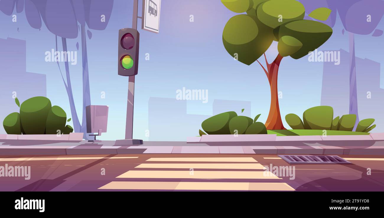 City street with road crossing and green traffic light. Vector cartoon ...