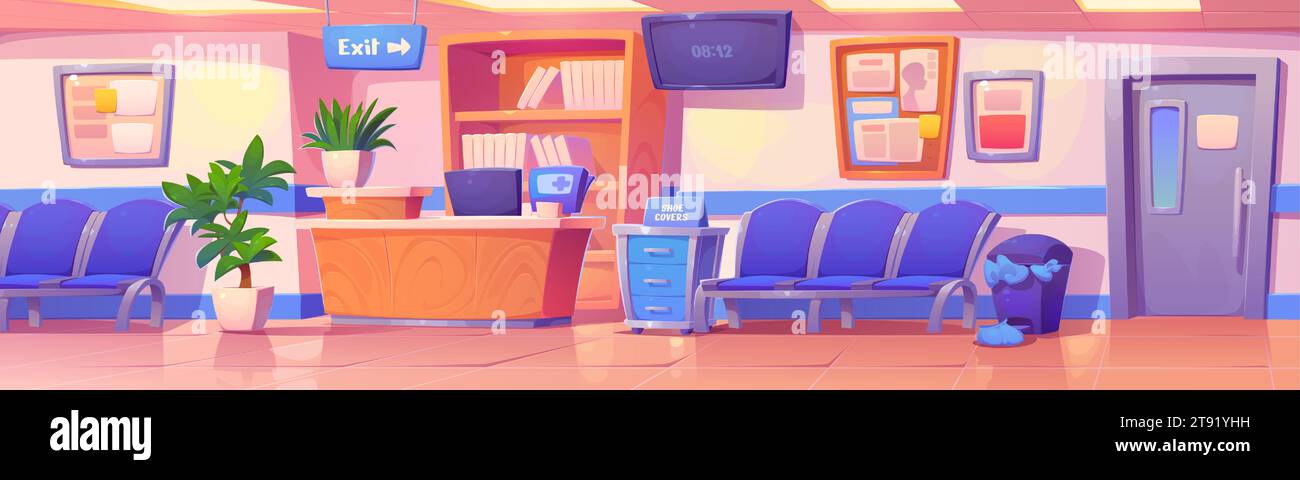Hospital reception interior with desk and computer, chairs for patients ...
