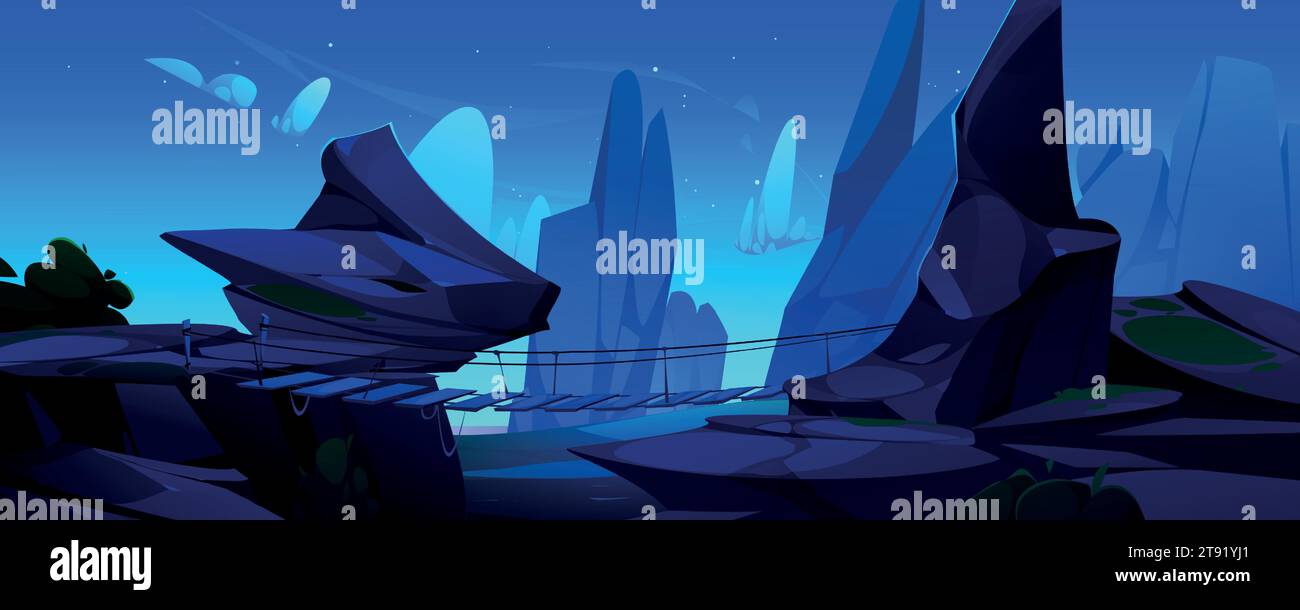 Old suspension bridge in night mountains. Vector cartoon illustration ...