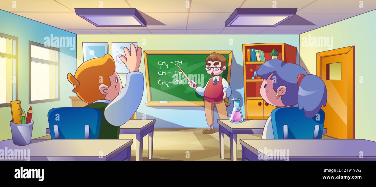Students and teacher in school classroom studying chemistry. Cartoon ...