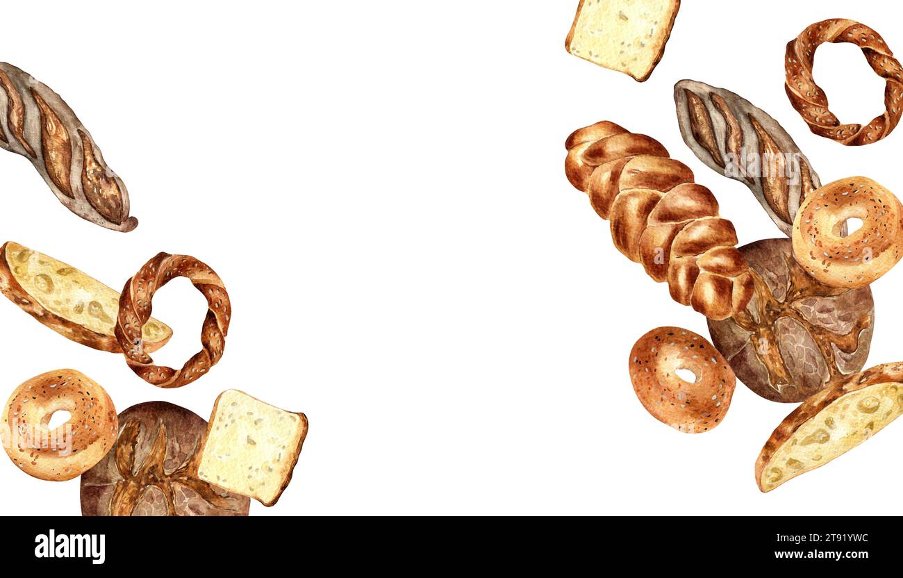 Board of different kinds bread watercolor isolated on white. Hand drawn ...