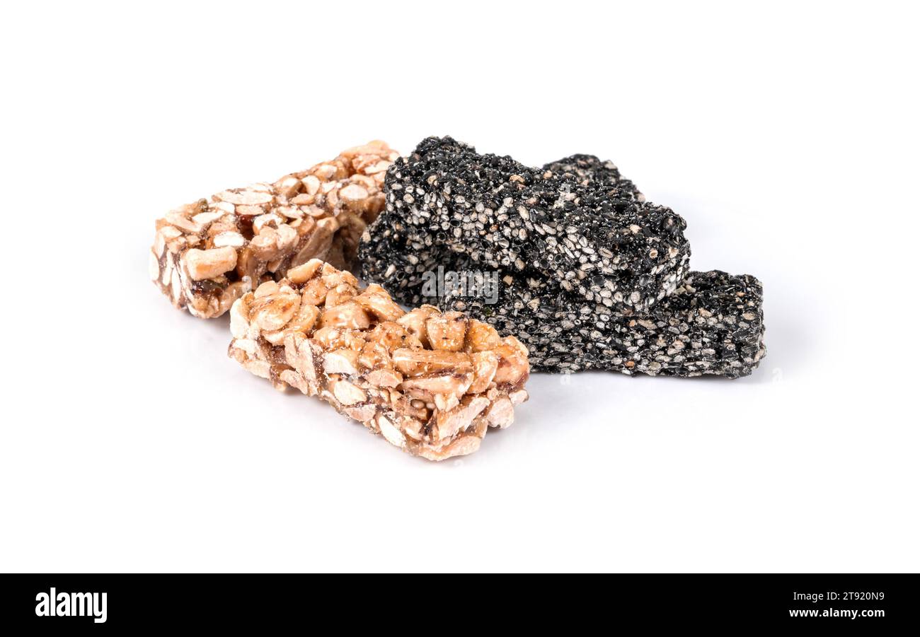 A set of different gozinaki dessert bars isolated on white background ...