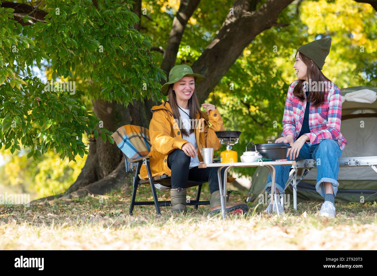Two women enjoying camping Stock Photo - Alamy