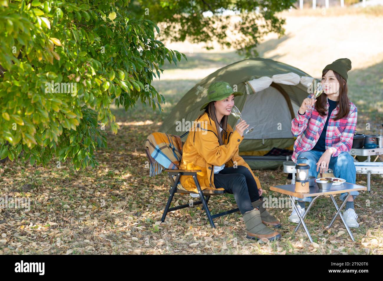 Two women enjoying camping Stock Photo - Alamy