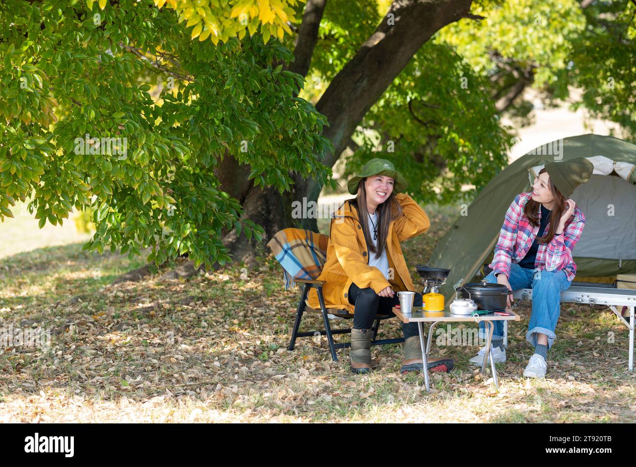 Two women enjoying camping Stock Photo - Alamy