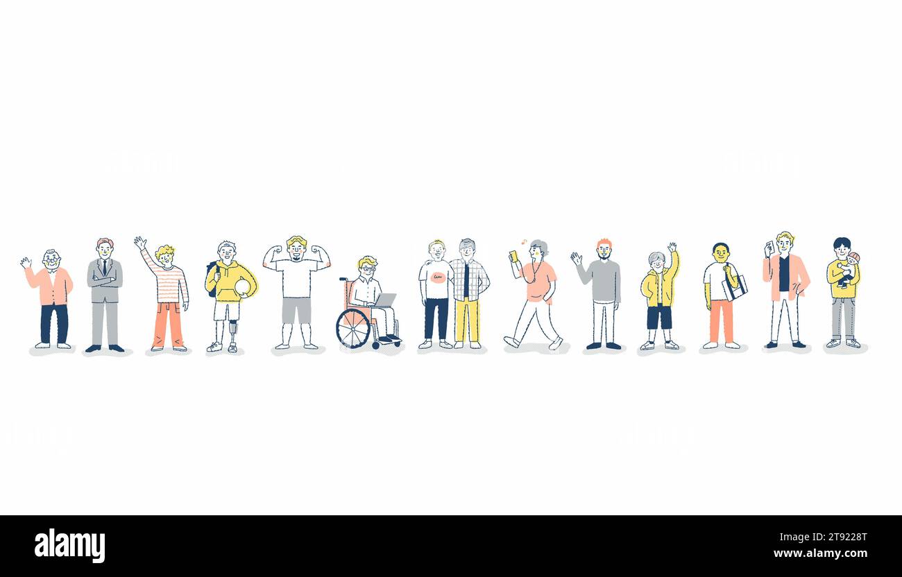 A large number of men of various generations standing side by side ...