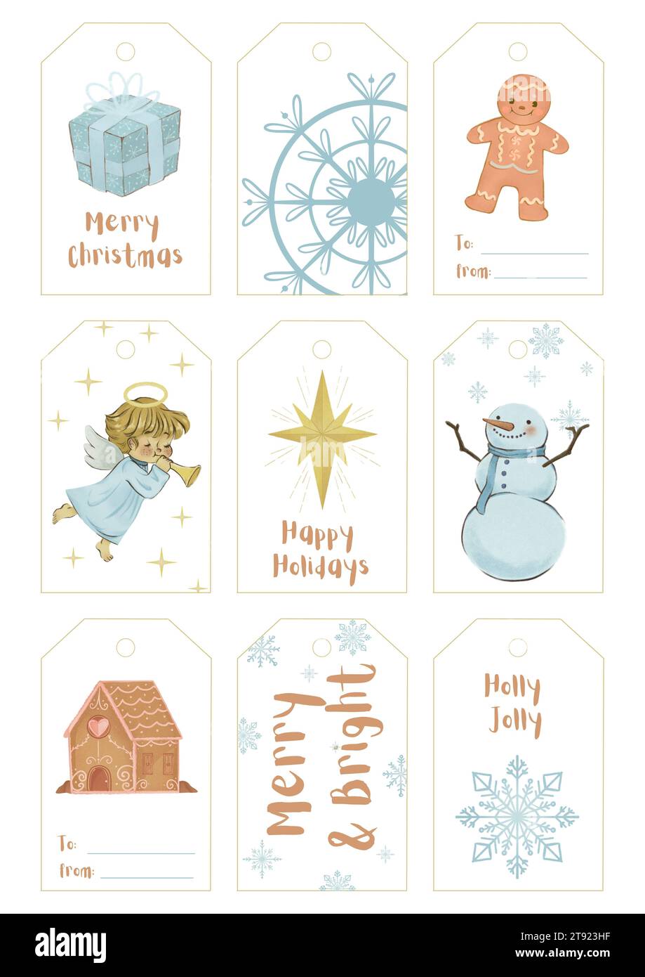White and Soft Blue Illustrated Merry Christmas Gift Tags Stock Photo ...