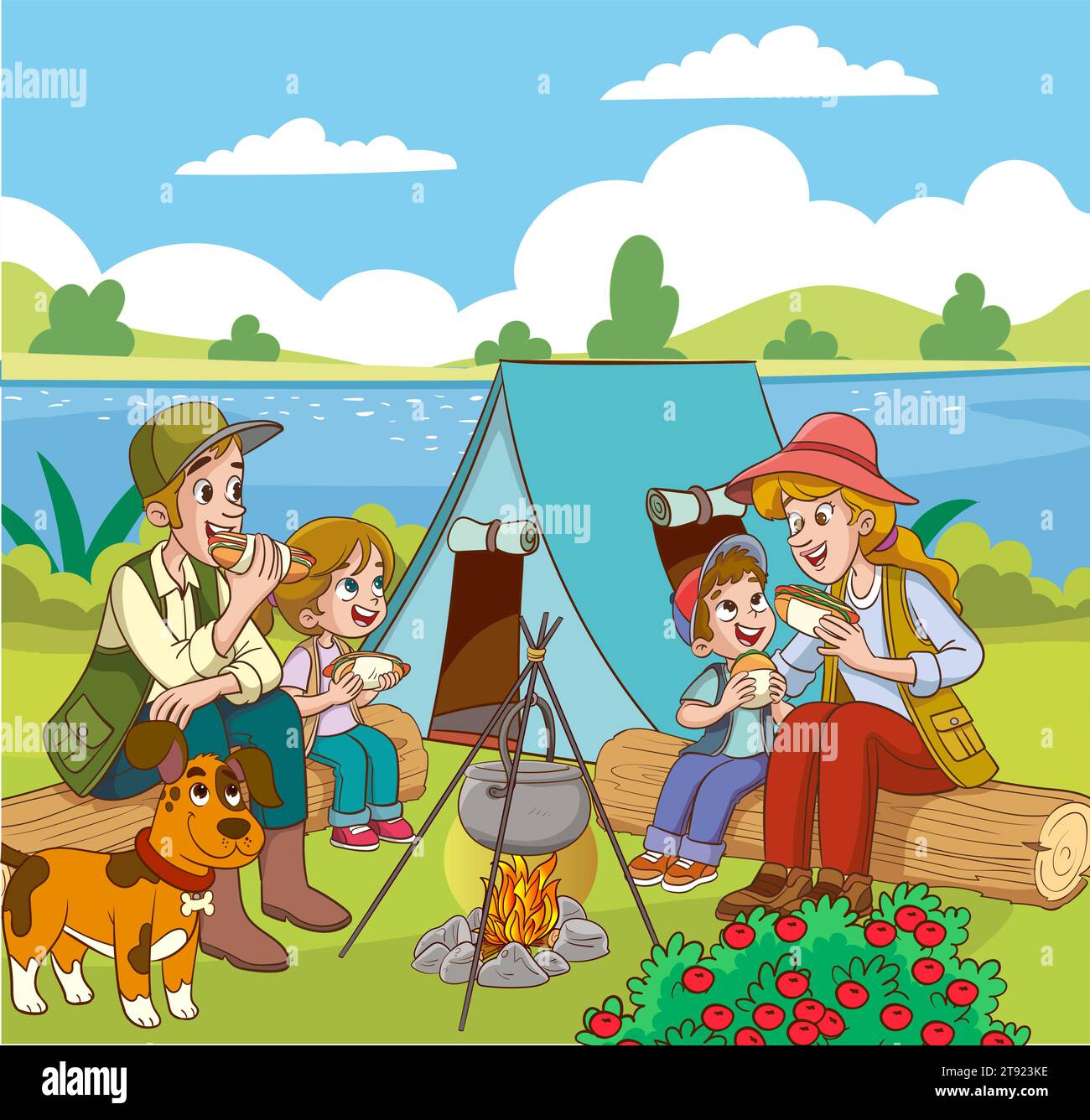 Illustration of a Family Camping and picnic on the River. Vector ...