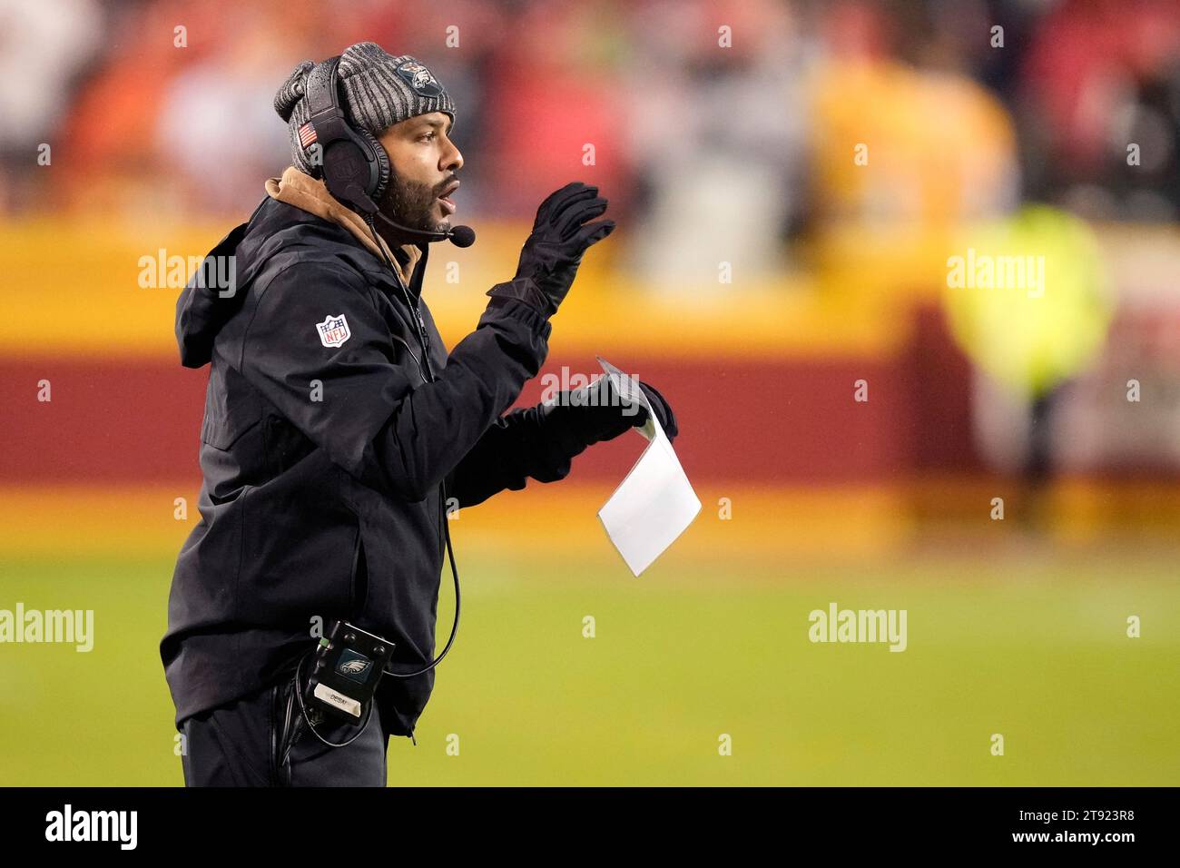 Philadelphia Eagles defensive coordinator Sean Desai talks to players ...