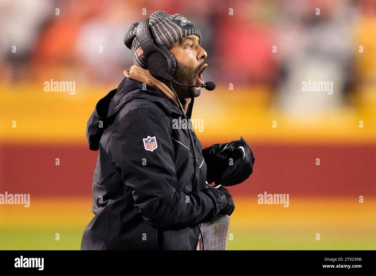 Philadelphia Eagles defensive coordinator Sean Desai talks to players during the first half of ...