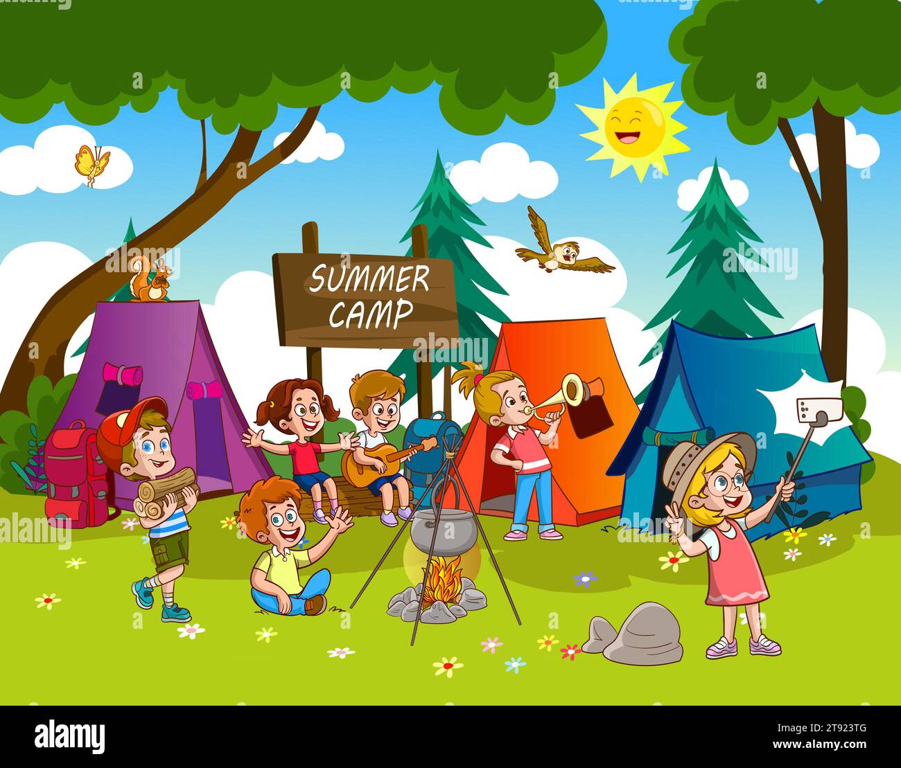 Vector Illustration Of Kids Camping and trekking Stock Vector Image ...