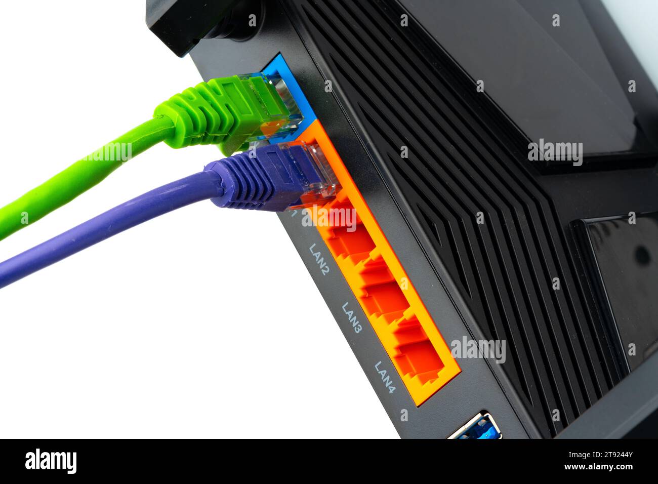 Modern router with cables plugged in close up Stock Photo - Alamy