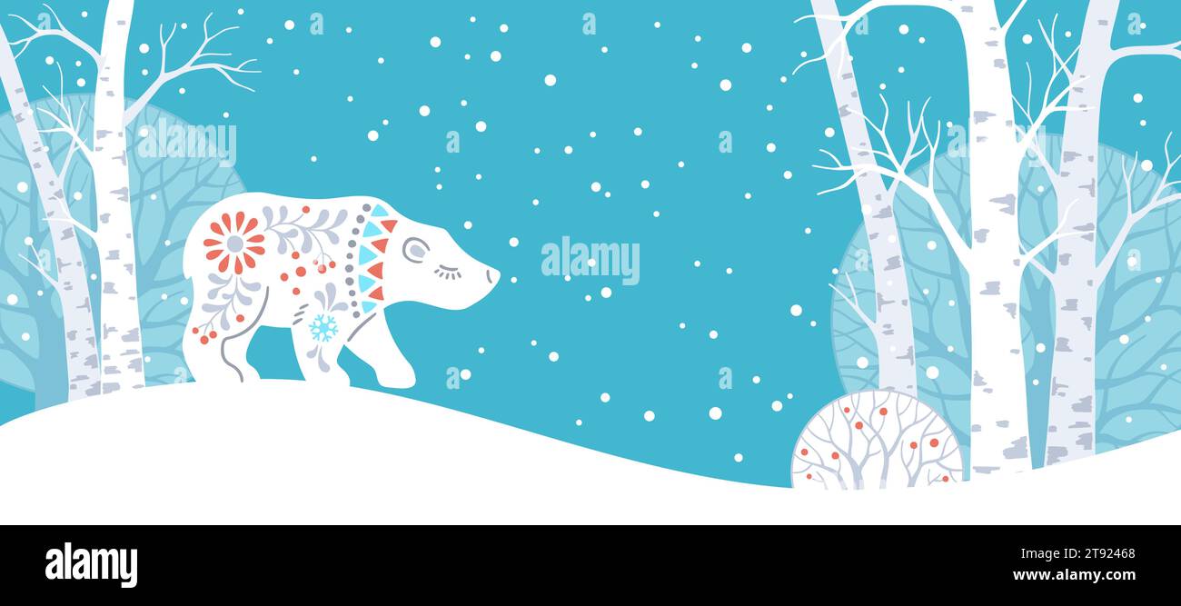 Winter Forest Animal horizontal banner. Hand drawn silhouette of polar ...