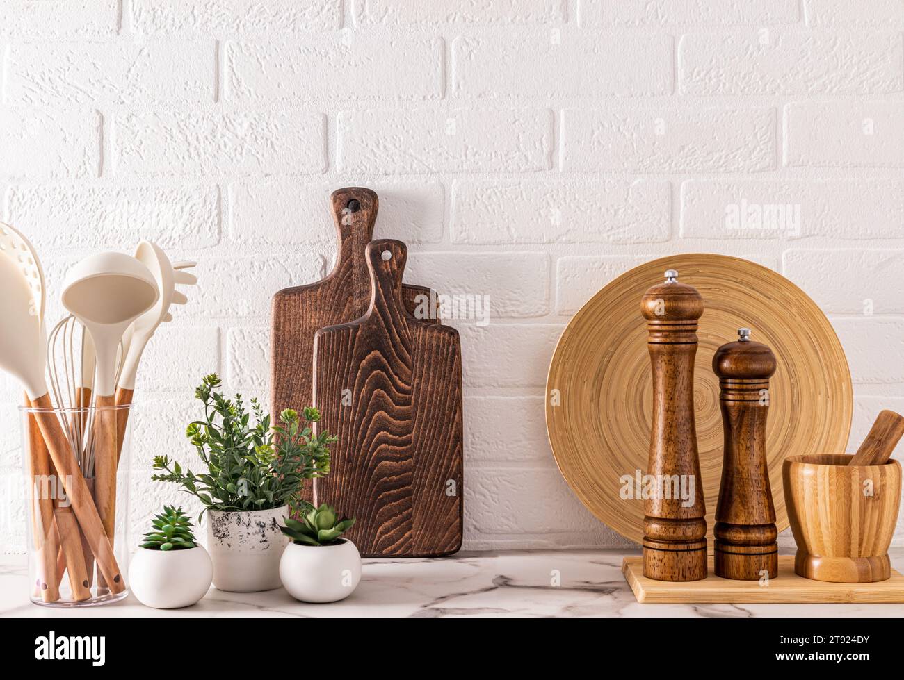 A set of different eco-friendly dishes and tools on a modern kitchen ...