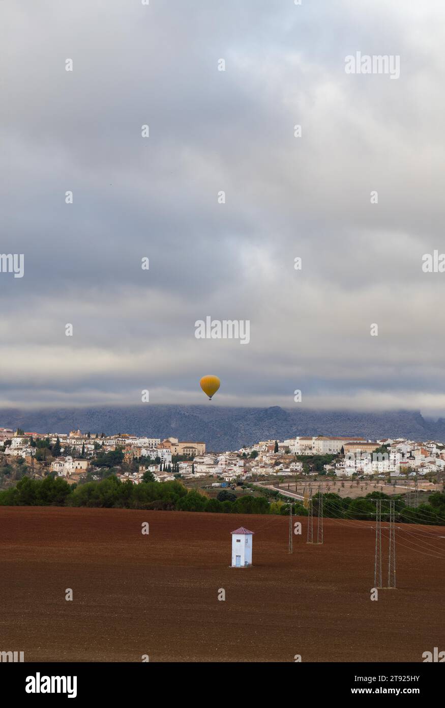 Mountain landscape with the city of Ronda in the background and a hot ...