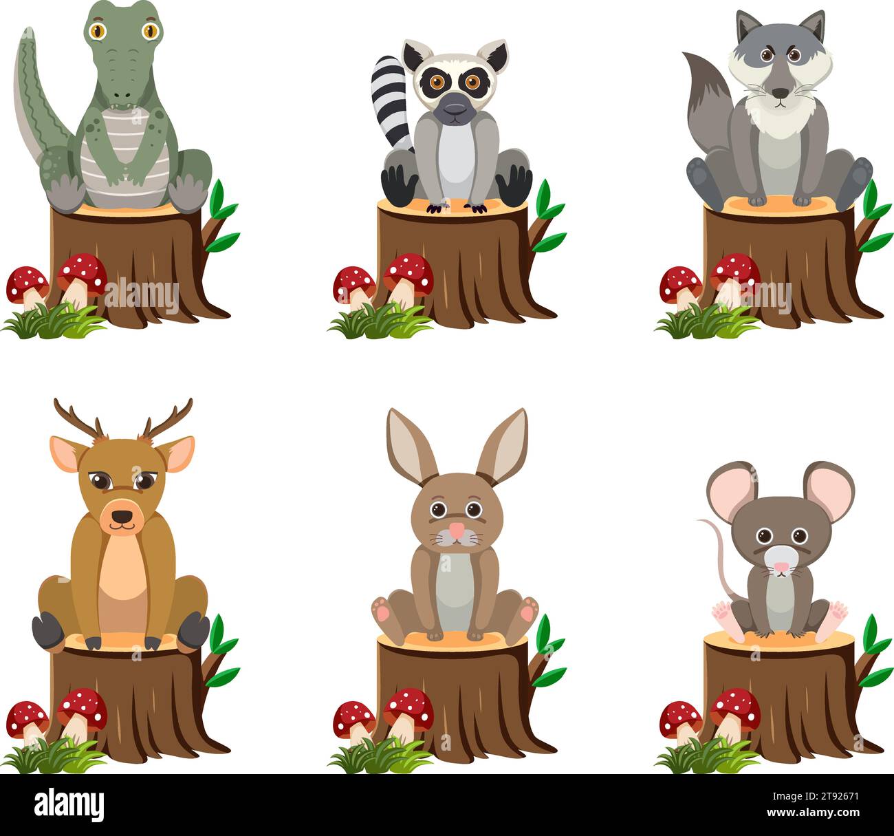 Vector cartoon illustration of wild animals perched on a tree stump ...