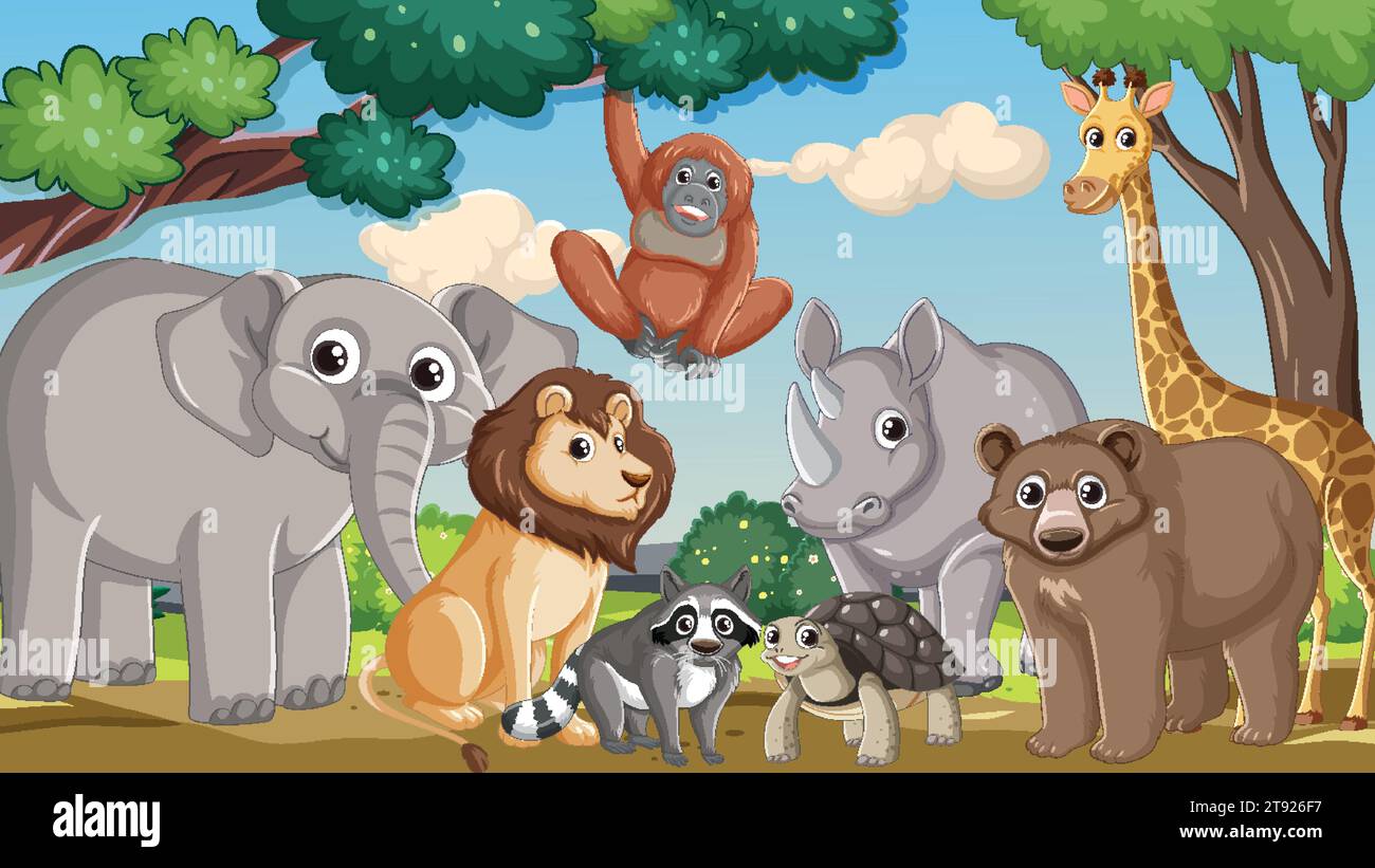 Vibrant cartoon illustration showcasing a variety of wild animals in ...