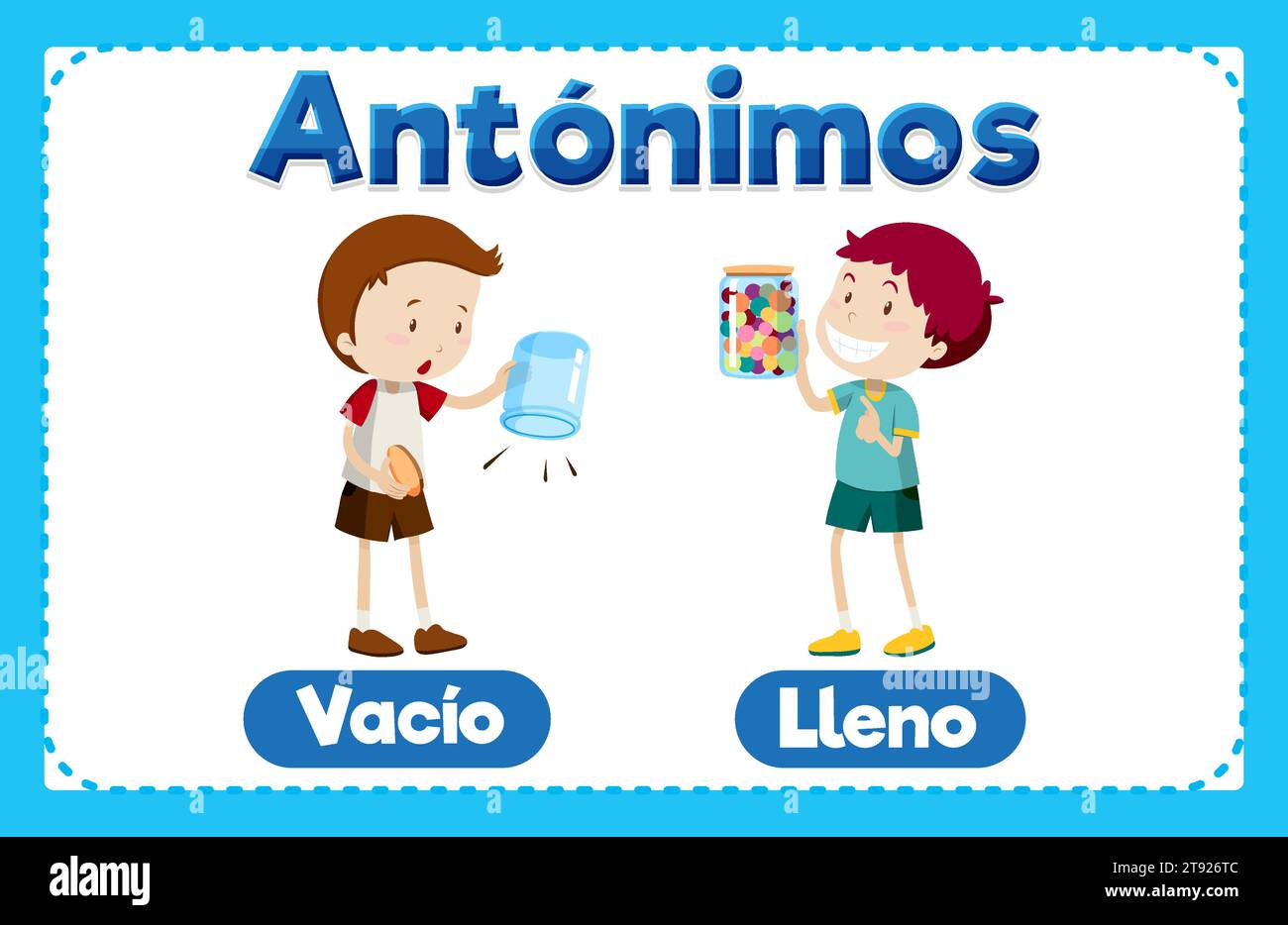 Illustrated word card featuring antonyms in Spanish language means ...