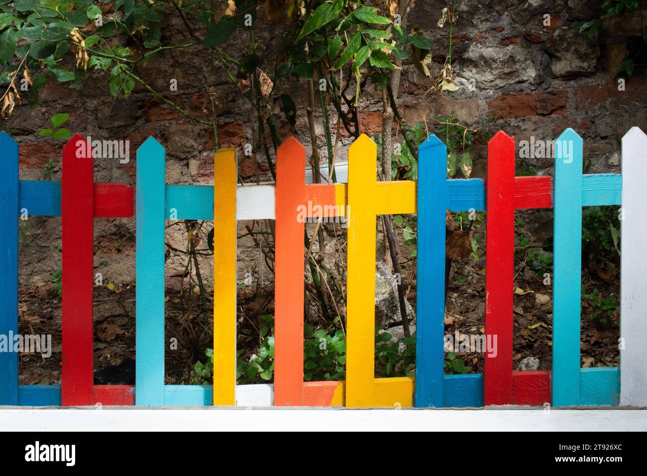 Close up of a part of decorative colorful wooden fence Stock Photo - Alamy