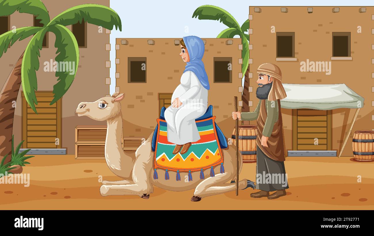 Illustration of Mary and Joseph in a Middle Eastern town Stock Vector ...