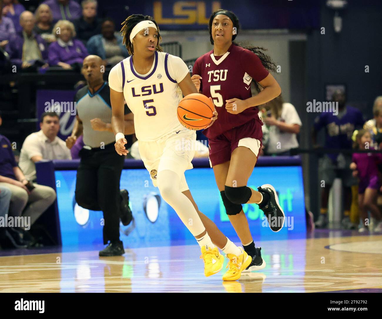 Baton Rouge, USA. 21st Nov, 2023. LSU Lady Tigers forward Sa'Myah Smith (5) brings the ball up ...